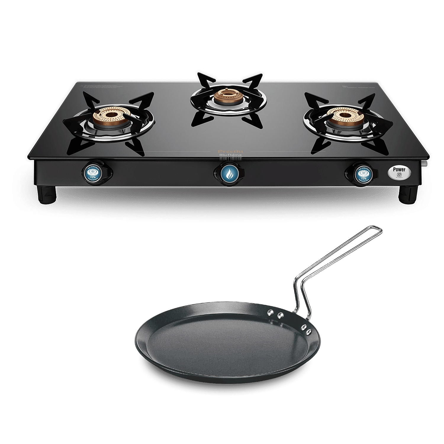 Buy Preethi Power 3 Burner Gas Stove & Free Futura Tawa Online