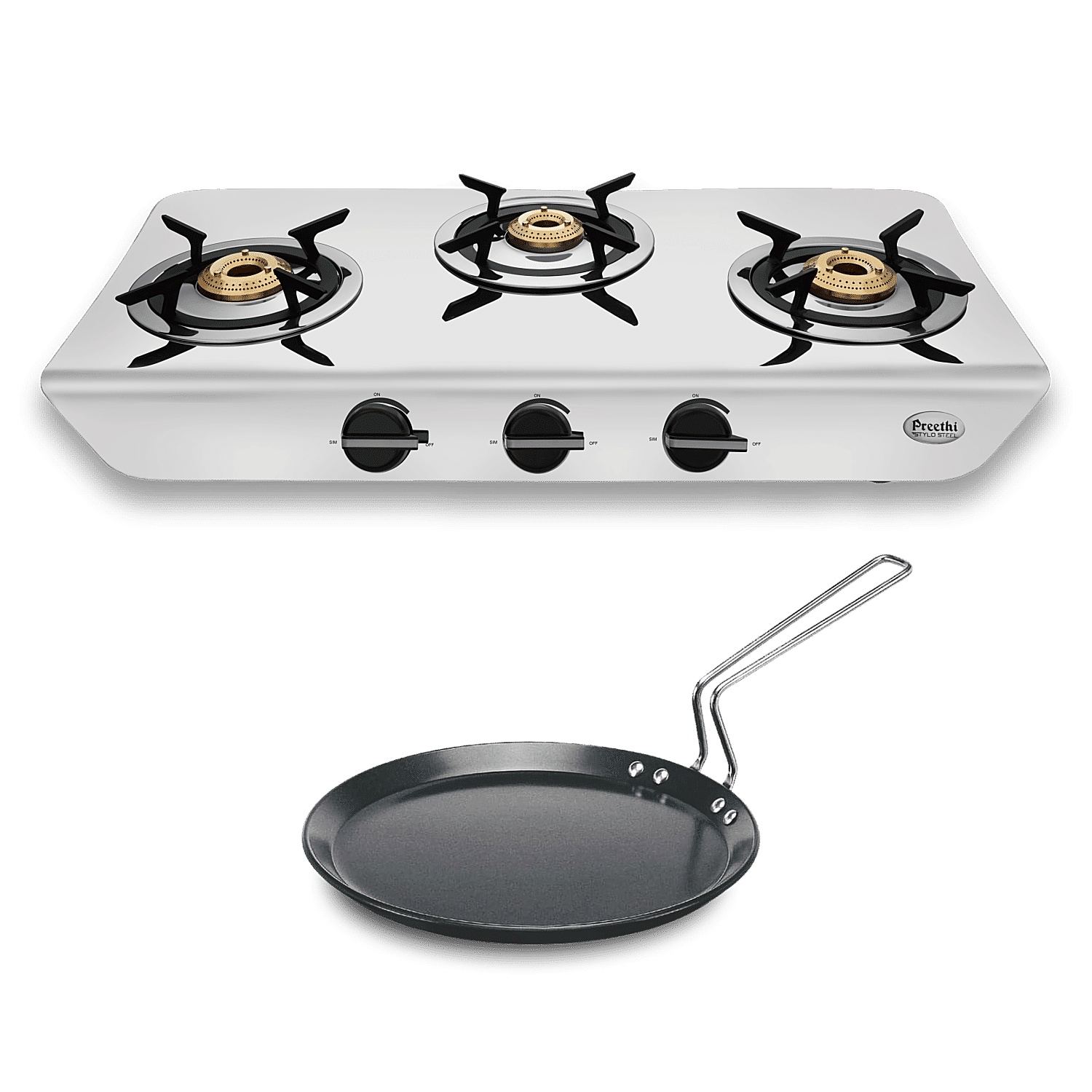 Buy Preethi 3 Burner Stainless Steel Gas Stove & Free Tawa Online